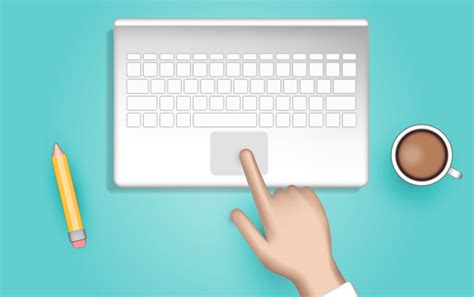 직장 작업 공간 사업가 랩톱을 사용합니다 손가락이 터치패드를 누릅니다 키보드에 입력합니다 디지털 정보를 검색합니다 맨 위 보기입니다 3d 벡터 웹 일러스트레이션 손에 대한