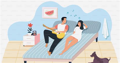 악기를 연주하는 남자 만화 캐릭터는 음악을 만듭니다 악기로 현악기를 연주하는 음악가 남자는 여자 친구를 위해 기타로 노래한다 여자는 남자의 말을 듣는다 집에서 쉬고