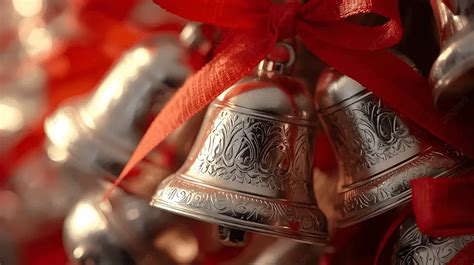 Festive Silver Bells With Red Ribbons Silver Christmas Bells Holiday