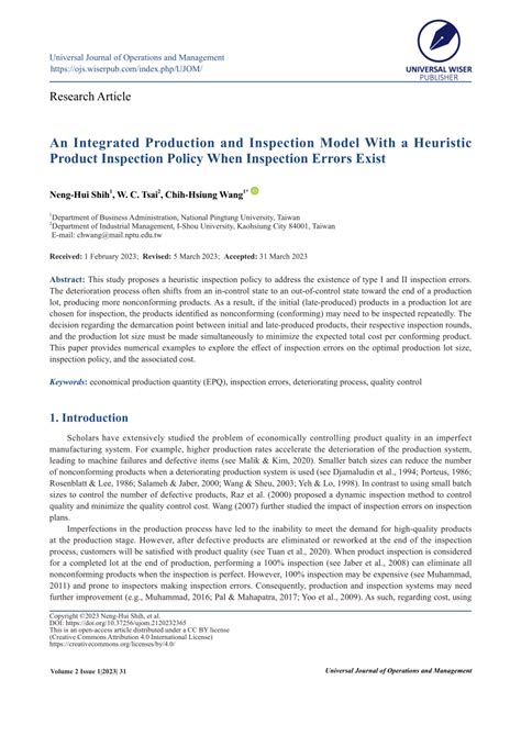 Pdf An Integrated Production And Inspection Model With A Heuristic