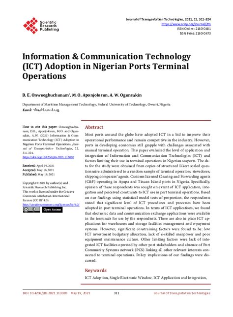 Pdf Information And Communication Technology Ict Adoption In Nigerian Ports Terminal Operations
