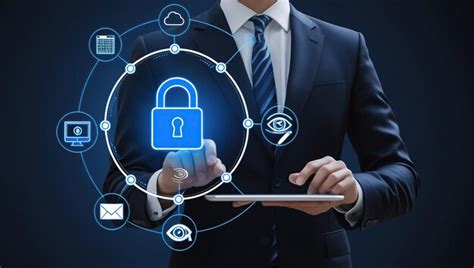 A Businessman In A Suit Uses A Tablet To Access A Cybersecurity System