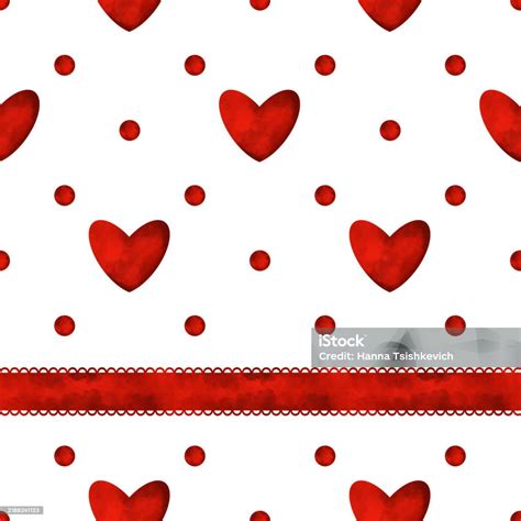 하트와 물방울 무늬의 완벽 한 패턴과 주홍 레이스 리본 흑백 색상의 수채화 그림 손으로 그린 그림 섬유 및 인쇄를 위한 디자인 가리기에 대한 스톡 벡터 아트 및 기타 이미지
