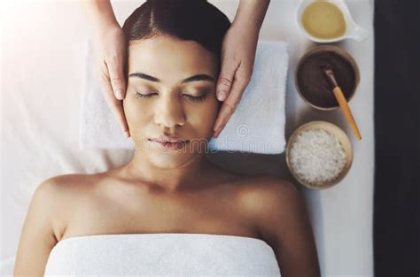 Hands Head Massage And Relax With Woman In Spa From Above For Stress