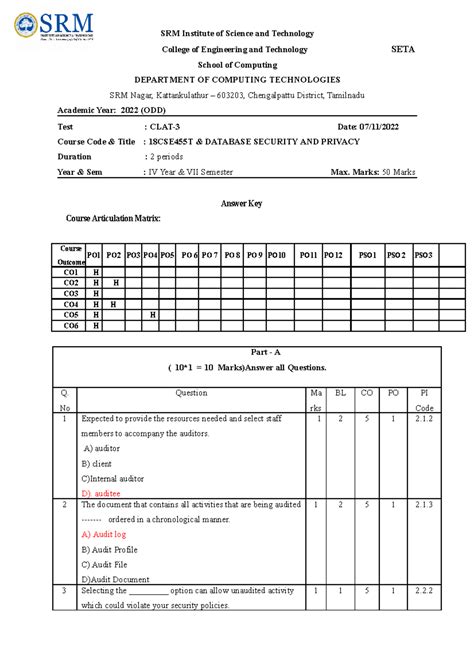 Ct3 Set A Answer Key Srm Institute Of Science And Technology College Of Engineering And