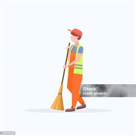 남성 거리 청소기 들고 빗자루 남자 청소 쓰레기 청소 서비스 개념 전체 길이 평면 흰색 배경 개념에 대한 스톡 벡터 아트 및