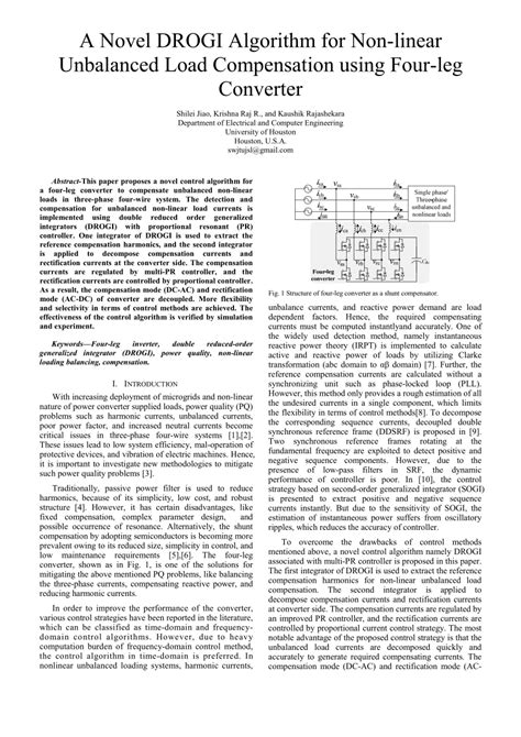 Pdf A Novel Drogi Algorithm For Non Linear Unbalanced Load Compensation Using Four Leg Converter