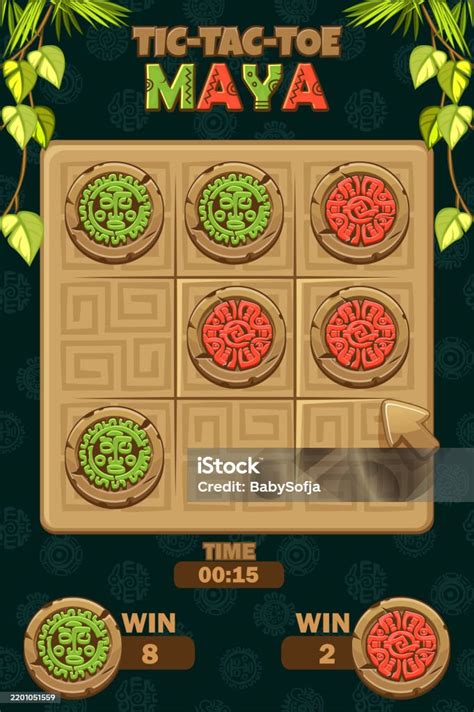 덩굴 식물을 테마로 한 Maya 또는 Aztec의 Tic Tac Toe Ui 게임 개발 Ui를 위한 카툰 보드 로직 게임 벡터