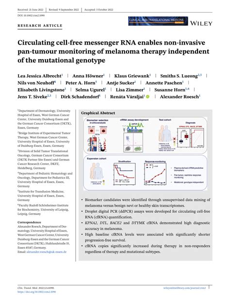 Pdf Circulating Cell‐free Messenger Rna Enables Non‐invasive Pan‐tumour Monitoring Of Melanoma