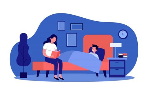 Maman Lisant Le Livre Du Coucher Au Fils Vecteur Premium