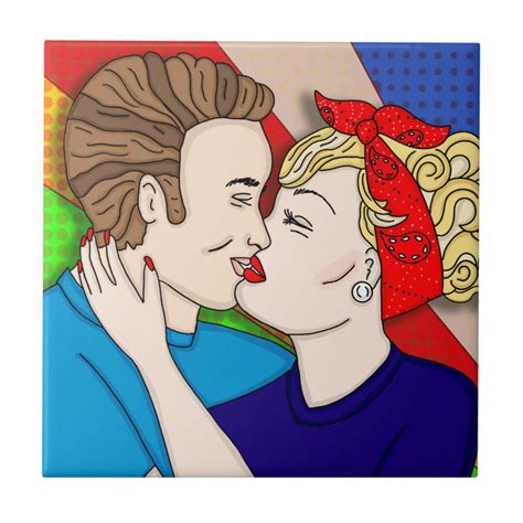 Retro 1950s Style Pop Art Couple Kissing Ceramic Tile Snuggle