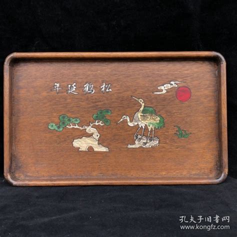 花梨木镶彩贝托盘茶盘，镶嵌松鹤延年图案，边角包裹铜片，结实美观，尺寸3752253，孔夫子旧书网