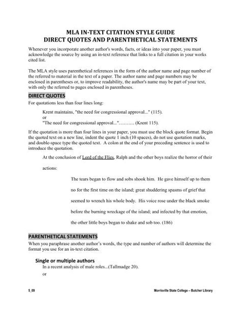 Mla In Text Citation Style Guide Direct Quotes And Parenthetical