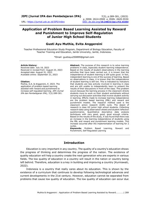 Pdf Application Of Problem Based Learning Assisted By Reward And