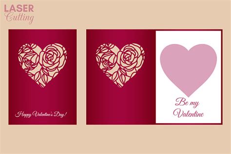 브로셔 결혼식 초대장 또는 발렌타인 데이 인사말 카드에 대한 장미와 잎 패턴 하트 접이식 카드의 레이저 컷 템플릿 결혼식에 대한 스톡 벡터 아트 및 기타 이미지 Istock
