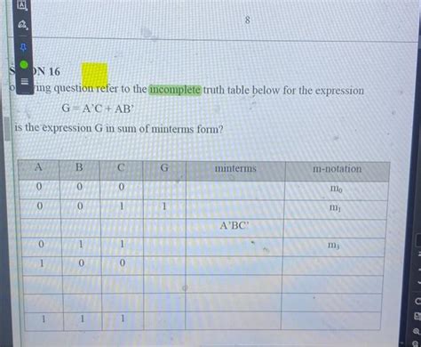 Solved N 16 Ing Question Refer To The Incomplete Truth Table