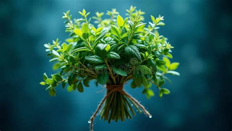 A Small Bouquet Of Fresh Green Herbs Tied With Twine Against A Blurred Blue Green Background