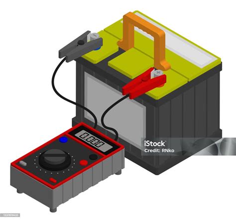 이소메트릭 디지털 멀티미터는 자동차 배터리의 전압을 측정합니다 배터리 전원을 유지합니다 자동차 수리점의 유지 보수 흰색 배경에서 격리된 사실적인 3d 벡터 3차원 형태에