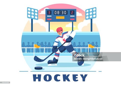 아이스 하키 선수 스포츠 벡터 일러스트 레이 션 헬멧 스틱 퍽 스케이트 얼음 표면에 게임 또는 챔피언십 플랫 만화 Championship에 대한 스톡 벡터 아트 및 기타