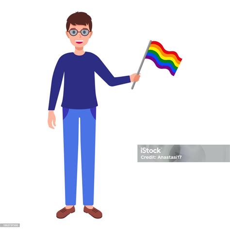 자부심 퍼레이드에 참여하는 무지개 깃발을 들고 안경과 갈색 머리 남자 Gay Pride Parade에 대한 스톡 벡터 아트 및