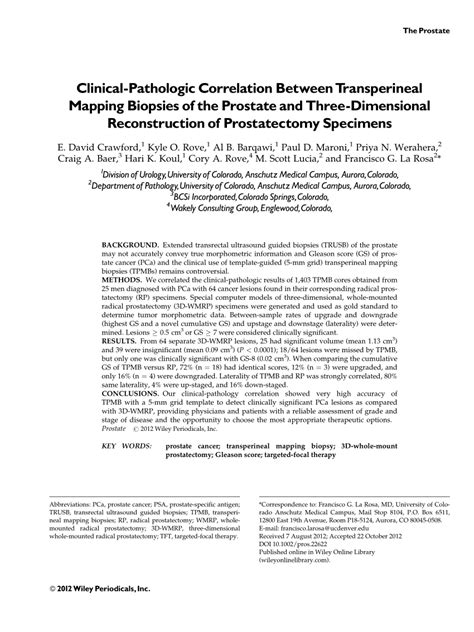 Pdf Clinical Pathologic Correlation Between Transperineal Mapping Biopsies Of The Prostate And