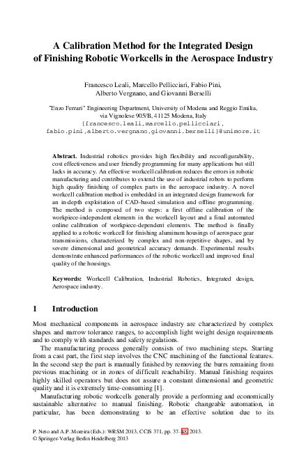 Pdf A Calibration Method For The Integrated Design Of Finishing Robotic Workcells In The