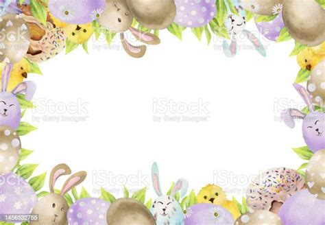 수채화 손으로 그린 부활절 축하 클립 아트 계란 잎 토끼 닭고기 Kulich 빵과 테두리 프레임 흰색 배경에 격리 초대장 선물