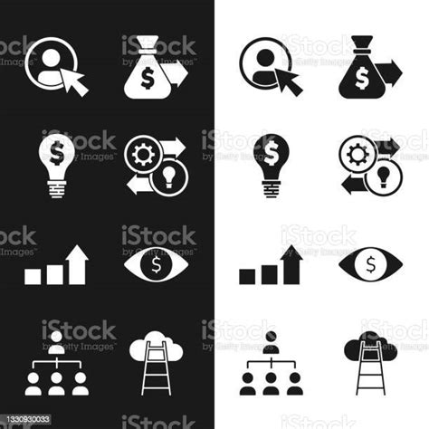인적 자원 달러와 전구 계정 화면 만들기 돈 가방 금융 성장 눈 계단 마무리 플래그 및 계층 구조 오르간 차트 아이콘을 설정합니다 벡터 가공의 인물에 대한 스톡 벡터 아트