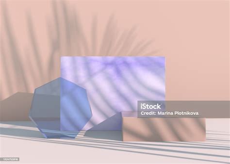 화장품 프리젠 테이션을위한 손바닥 잎 그림자와 연단 빈 쇼케이스 받침대 배경 모의 3d 렌더링 3차원 형태에 대한 스톡 사진 및