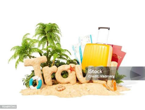 열 대 섬에 모래로 만들어진 단어 여행 여름 휴가의 특이 한 3d 그림 여행 및 휴가 개념입니다 개념에 대한 스톡 사진 및 기타 이미지 Istock