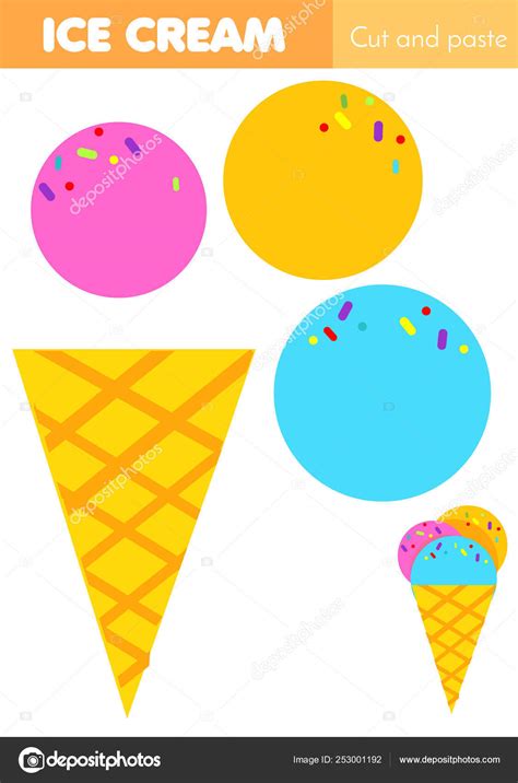 Diy 컷과 붙여 넣기 어린이 교육 게임 종이 절단 활동 접착제와 가위로 아이스크림을 만드십시오 Diy 워크 시트 스톡 벡터 ©ksuklein 253001192