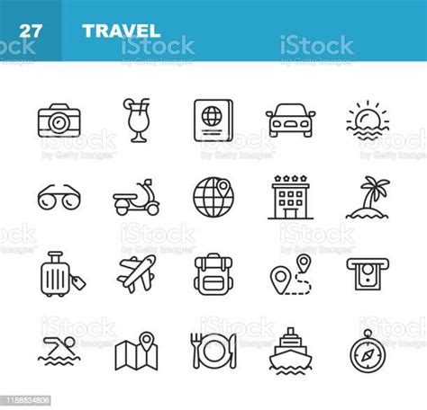 여행 라인 아이콘 편집 가능한 스트로크입니다 픽셀 완벽한 모바일 및 웹용 카메라 칵테일 여권 일몰 비행기 호텔 크루즈 선박