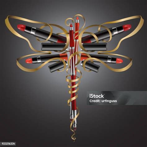 화장품의 집합입니다 립스틱 립 라이너 테이프 황금 잠자리입니다 벡터 일러스트입니다 3차원 형태에 대한 스톡 사진 및 기타 이미지 3차원 형태 관능 광고 Istock