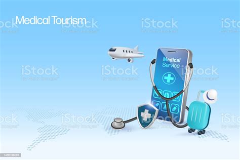 의료 관광 개념입니다 비행기와 수하물이 있는 스마트폰의 청진기 의료 및 수술 서비스를 위해 비행하는 관광 승객의 상징 3d 벡터입니다 의료 보험에 대한 스톡 벡터 아트 및