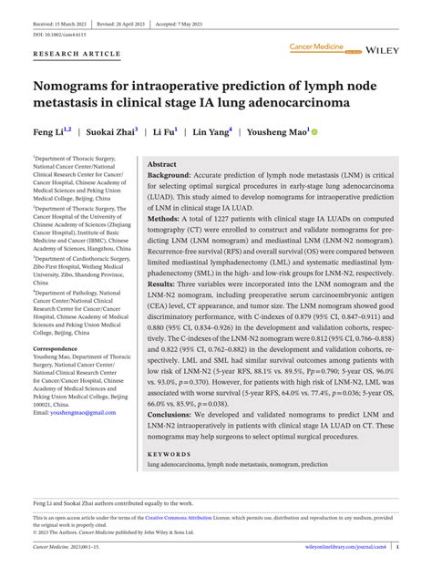 Pdf Nomograms For Intraoperative Prediction Of Lymph Node Metastasis In Clinical Stage Ia Lung