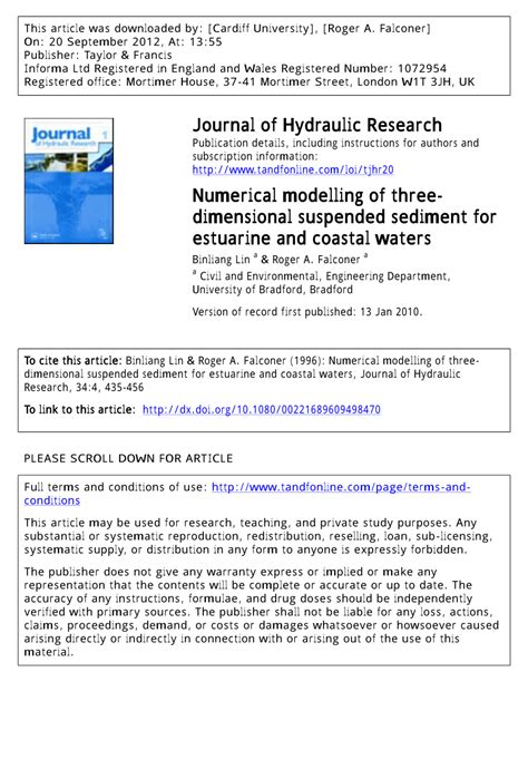 Pdf Numerical Modelling Of Three Dimensional Suspended Sediment For Estuary And Coastal Waters