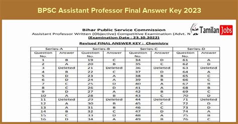 BPSC Assistant Professor Final Answer Key Out Download Here Tamilan Jobs