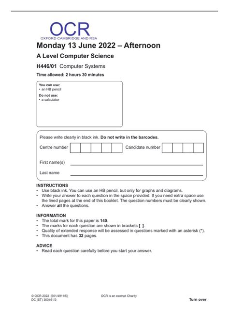 Ocr Gce A Level 2022 Computer Science Question Paper H446 1 Paper 1