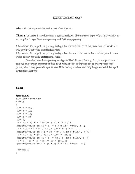 Spcc Practical Implementing Operator Precedence Parser Techniques