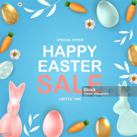 해피 부활절 판매 포스터 템플릿 3d 사실적인 부활절 달걀 토끼 당근 광고 포스터 전단지 인사말 카드에 대한 템플릿 벡터 일러스트레이션 개념에 대한 스톡 벡터 아트 및 기타