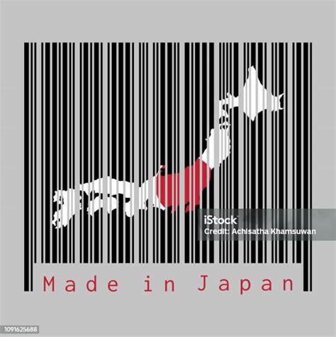 바코드 회색 배경으로 검은 바코드에 일본 지도 개요 및 일본 국기의 색상에 모양을 설정합니다 개념에 대한 스톡 벡터 아트 및 기타 이미지 Istock