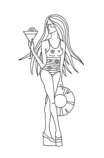 칵테일 모자 긴 머리와 수영복에 아름다운 얇은 소녀의 벡터 손으로 그린 그림 무색 여자입니다 색칠하기 위한 흑백 그림 검은색에 대한 스톡 벡터 아트 및 기타 이미지 Istock