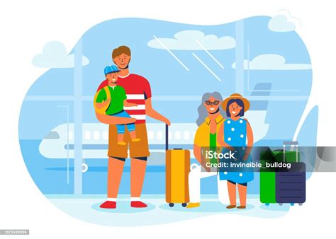휴가 또는 여행 가족 캐릭터 아버지 어머니 아들 및 딸이 비행기에 보드에 대기 하는 공항 터미널에서 짐을 함께 앉아 관광 여행 가방을 가진 사람들입니다 벡터 일러스트 레이