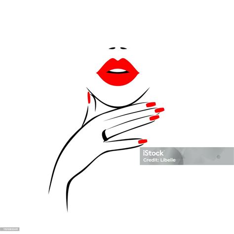 아름 다운 섹시 한 붉은 입술 빨간 매니큐어 손톱 손가락에 검은 반지 요소 디자인 손톱 스튜디오와 손 아름다움 로고입니다 벡터 일러스트입니다 관능에 대한 스톡 벡터 아트 및