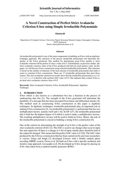 Pdf A Novel Construction Of Perfect Strict Avalanche Criterion S Box Using Simple Irreducible