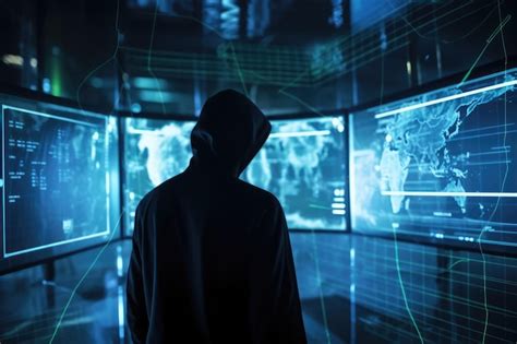 Premium Ai Image Hacker In A Dark Room Illuminated By Screens Displaying Complex Code And
