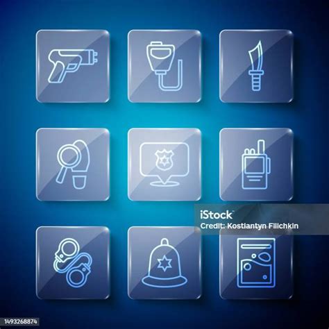 세트 라인 수갑 영국 경찰 헬멧 마약 비닐 봉지 군용 칼 경찰 배지 발자국 전기 충격기 및 워키토키 아이콘 벡터 가방에 대한 스톡 벡터 아트 및 기타 이미지 Istock