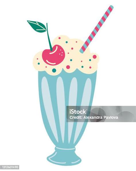 휘핑 크림과 체리밀크쉐이크 스무디 칵테일 휘핑 크림과 체리를 얹은 구식 밀크셰이크 칵테일의 벡터 일러스트 여름 음료 만화 벡터 일러스트레이션 밀크 셰이크에 대한 스톡 벡터