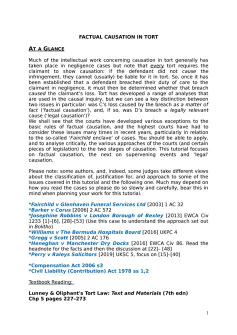 Factual Causation In Tort Factual Causation In Tort At A Glance Much Of The Intellectual Work