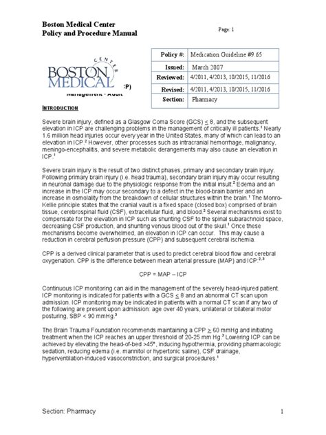 Icp Management Guideline Adult January 2017 Pdf Traumatic Brain